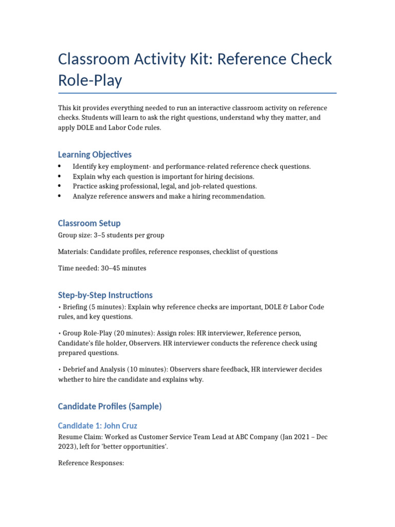 Interactive Reference Check Role-Play Kit | PDF | Human Communication ...