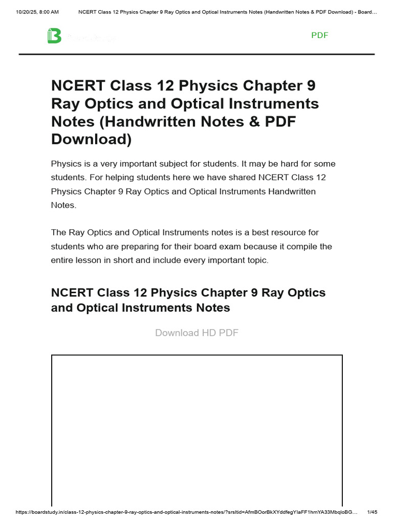 NCERT Class 12 Physics Ray Optics Notes | PDF | Physical Sciences | Light
