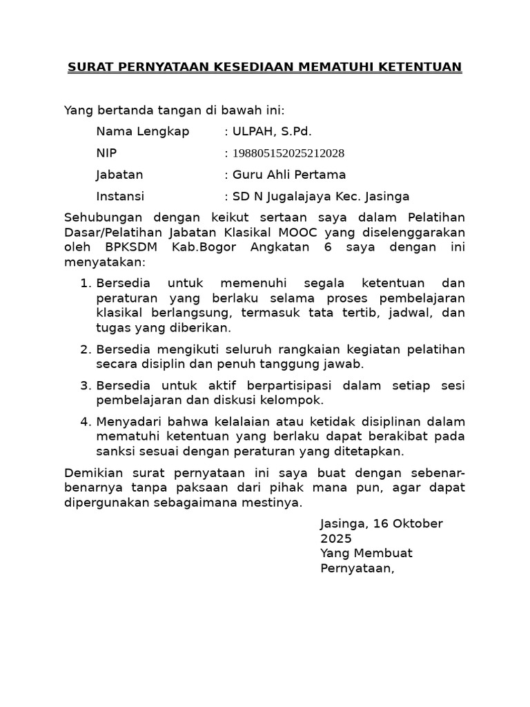 Surat Pernyataan Kesediaan Mematuhi Ketentuan Bu Ulpah | PDF