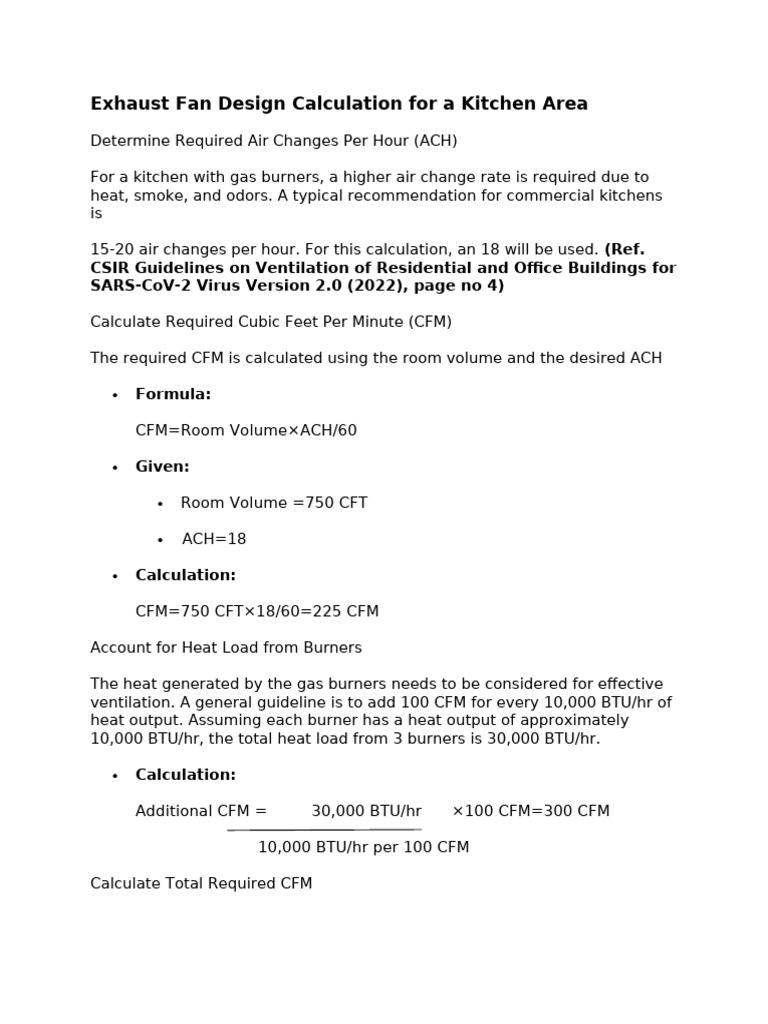 Exhaust Fan Design Calculation For A Kitchen Area | PDF