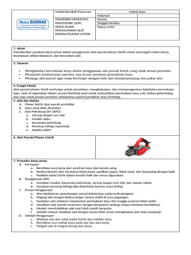 SOP Aman Penggunaan Planer Listrik | PDF