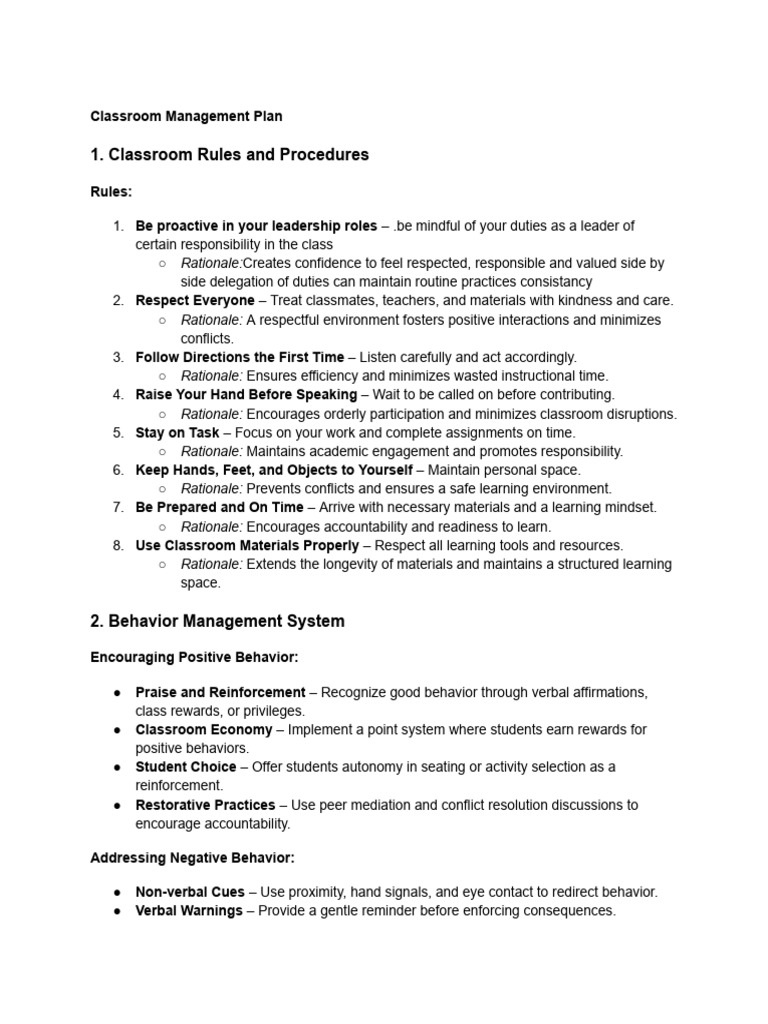 Classroom Management Plan by Hasna | PDF | Classroom Management ...