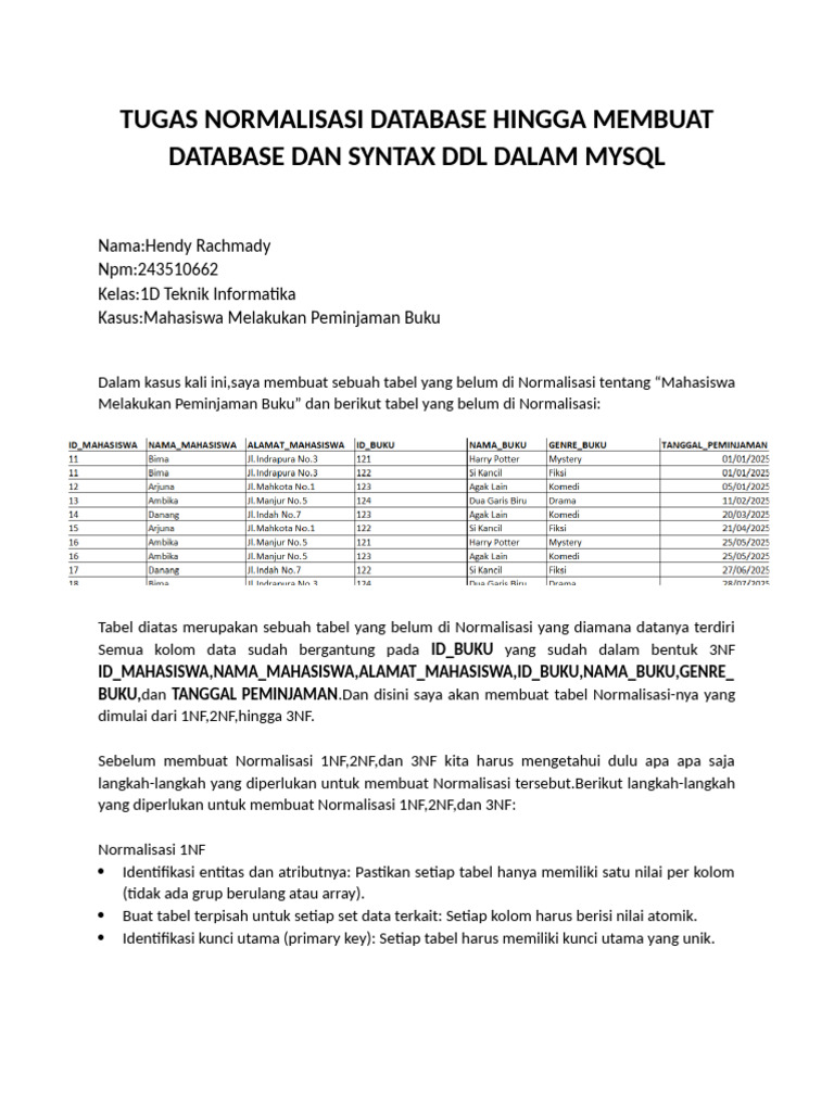 Tugas Normalisasi Database Hingga Membuat Database Dan Syntax DDL Dalam Mysql | PDF