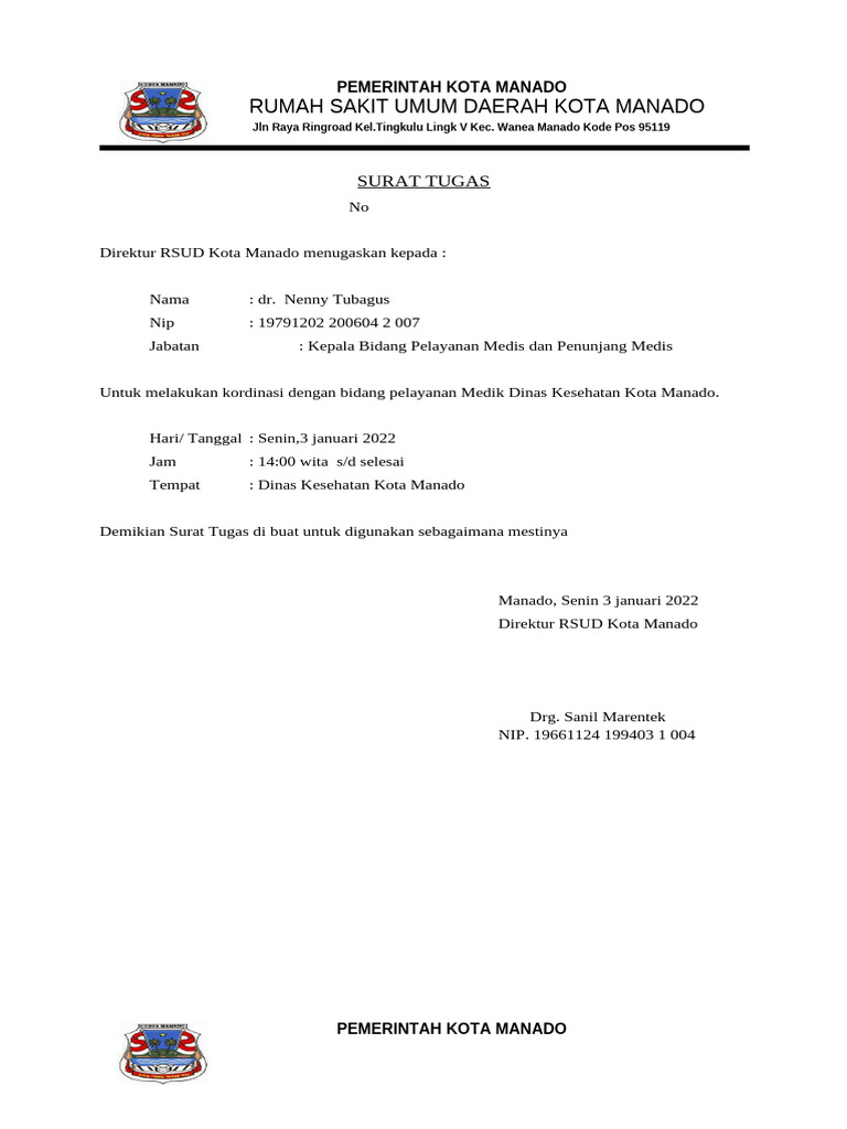 Surat Tugas RSUD Manado untuk Kesehatan | PDF