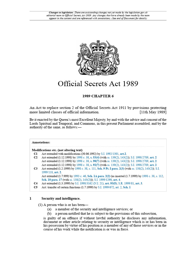 Official Secrets Act 1989 Overview | PDF | Public Law | Government