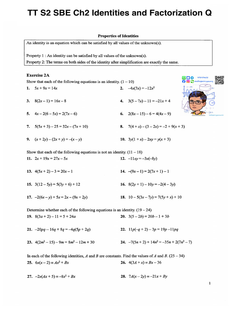 TT s2 Sbe ch2 Identities and Factorization Q | PDF
