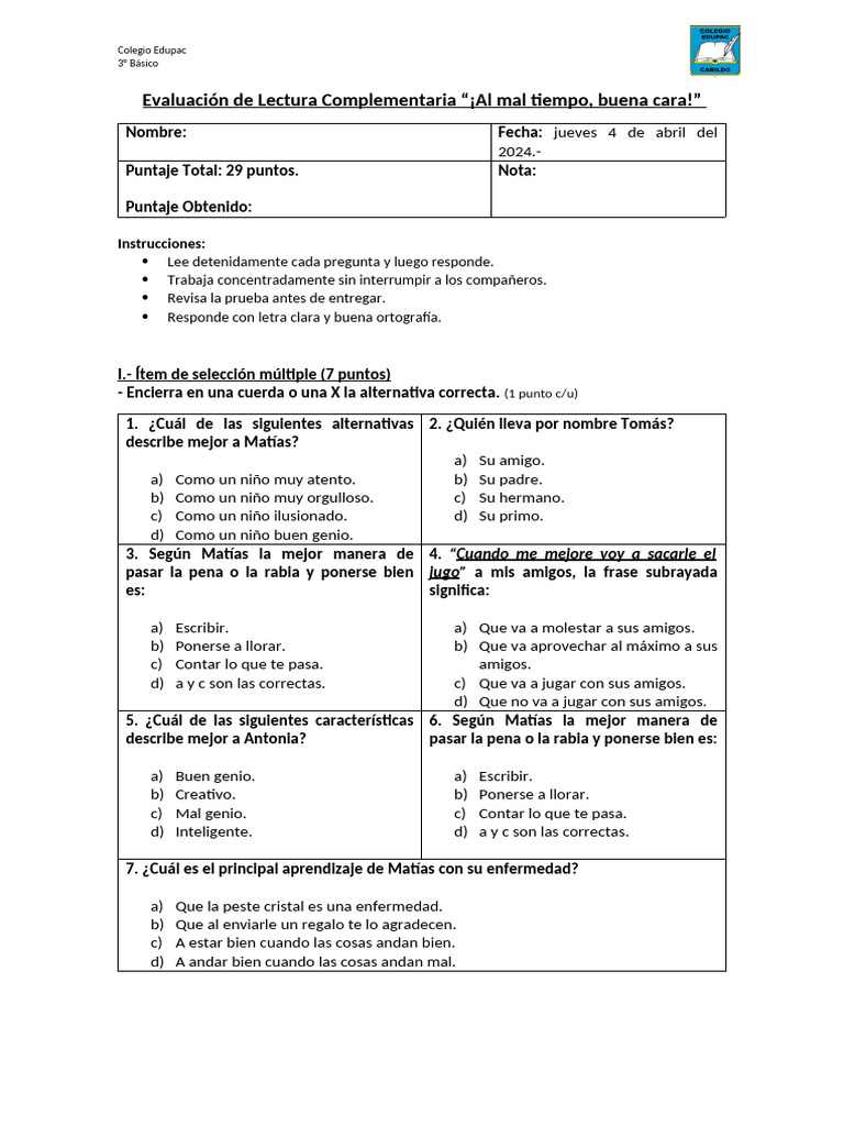 Evaluación de "Al mal tiempo, buena cara" | PDF