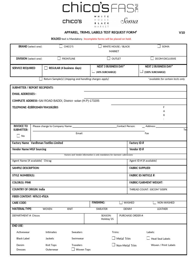 Chico's ITS Test Request Form TRF | PDF | Indemnity | Legal Liability