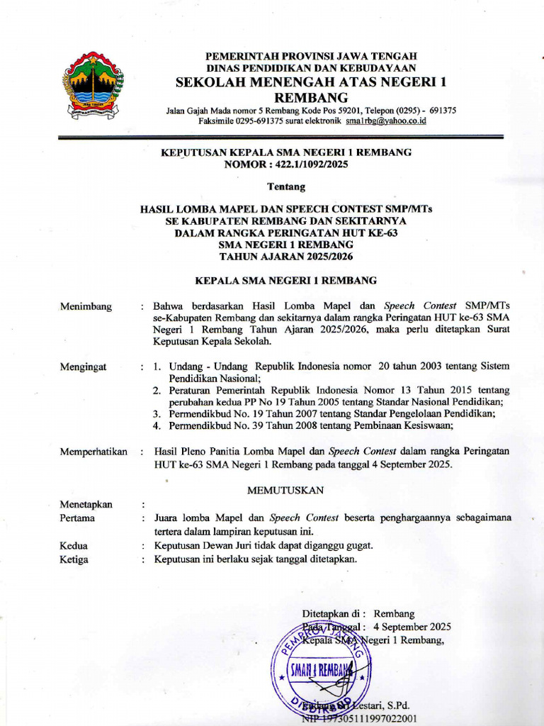 SK Hasil Lomba Mapel Dan Speech Contest SMPMTs | PDF
