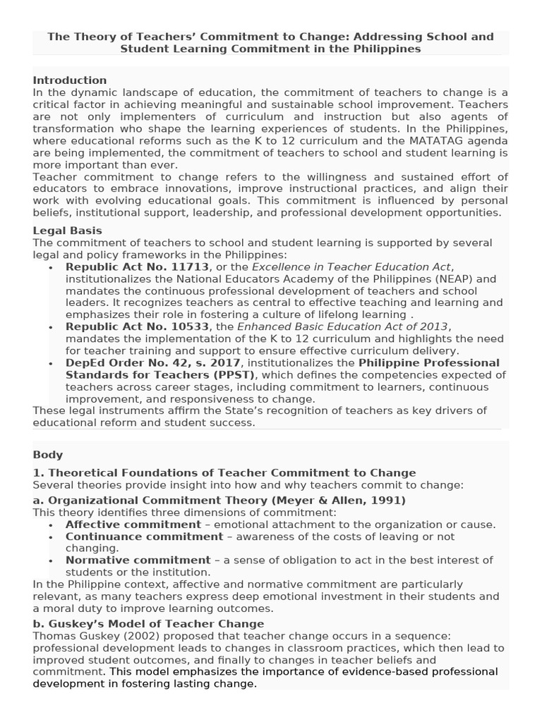 Teachers' Commitment to Change in PH | PDF | Teachers | Education Reform