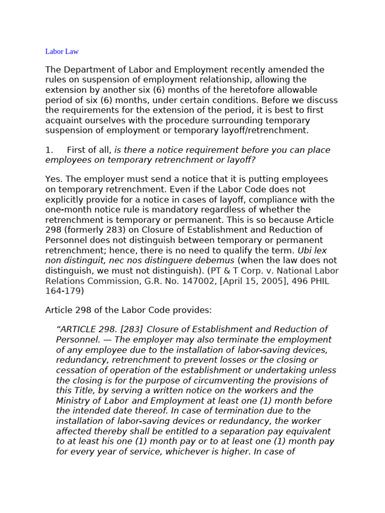 Labor Law - Temporary Lay Off | PDF | Layoff | Employment