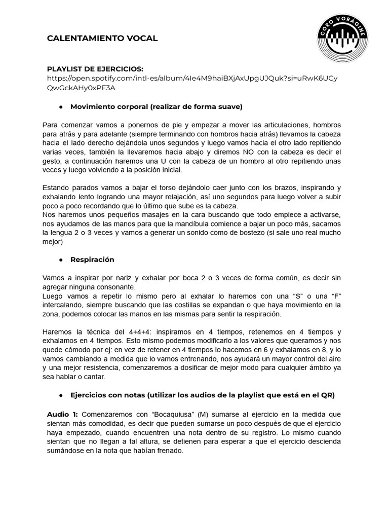 Guía Calentamiento Vocal | PDF