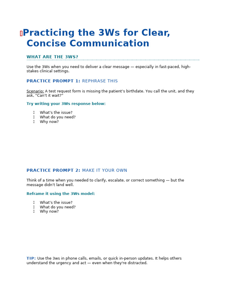 3Ws Practice Handout Print | PDF