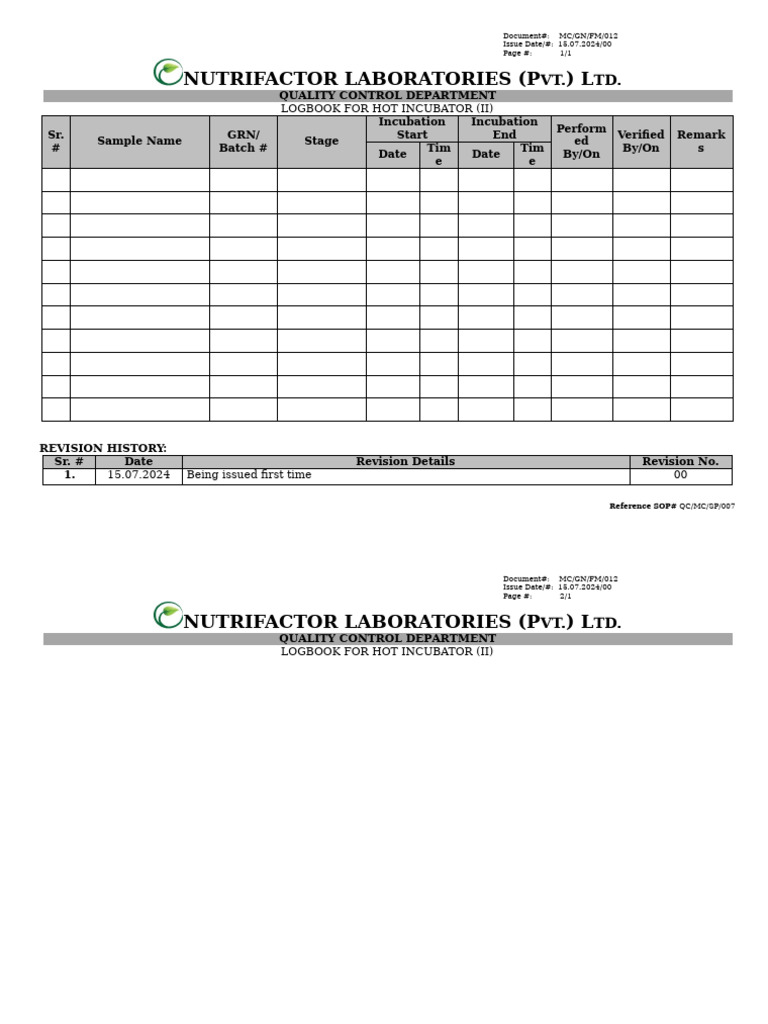 Hot Incubator Logbook - Quality Control | PDF