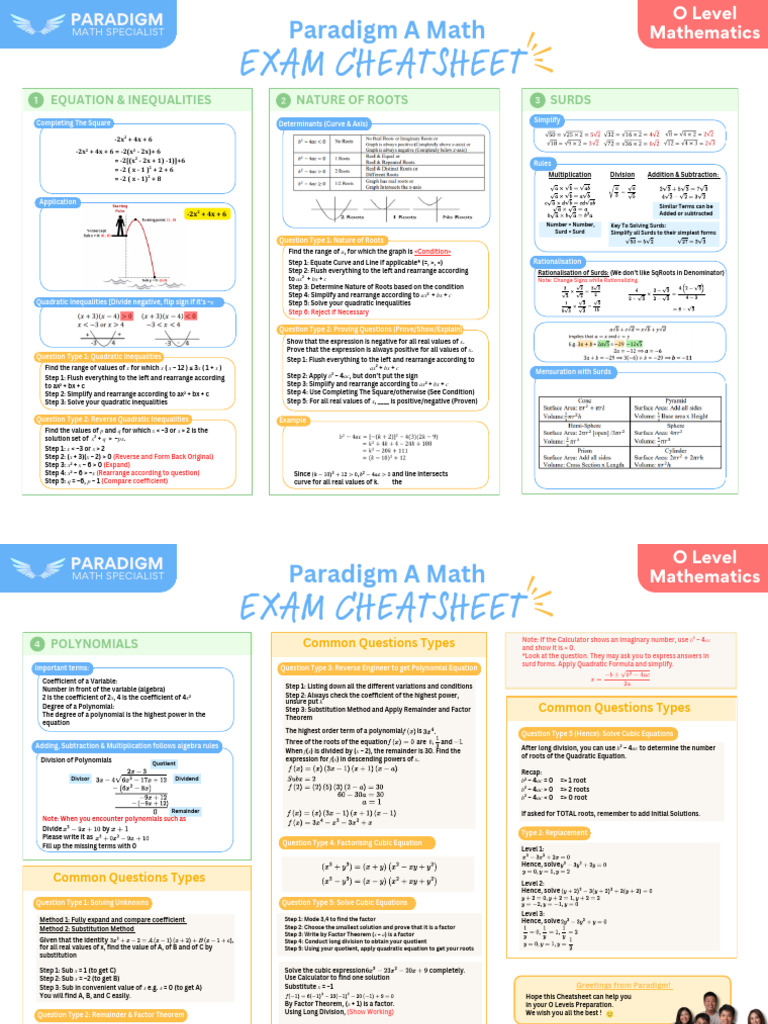 Paradigm O Level A Math Cheatsheet | PDF | Factorization | Logarithm