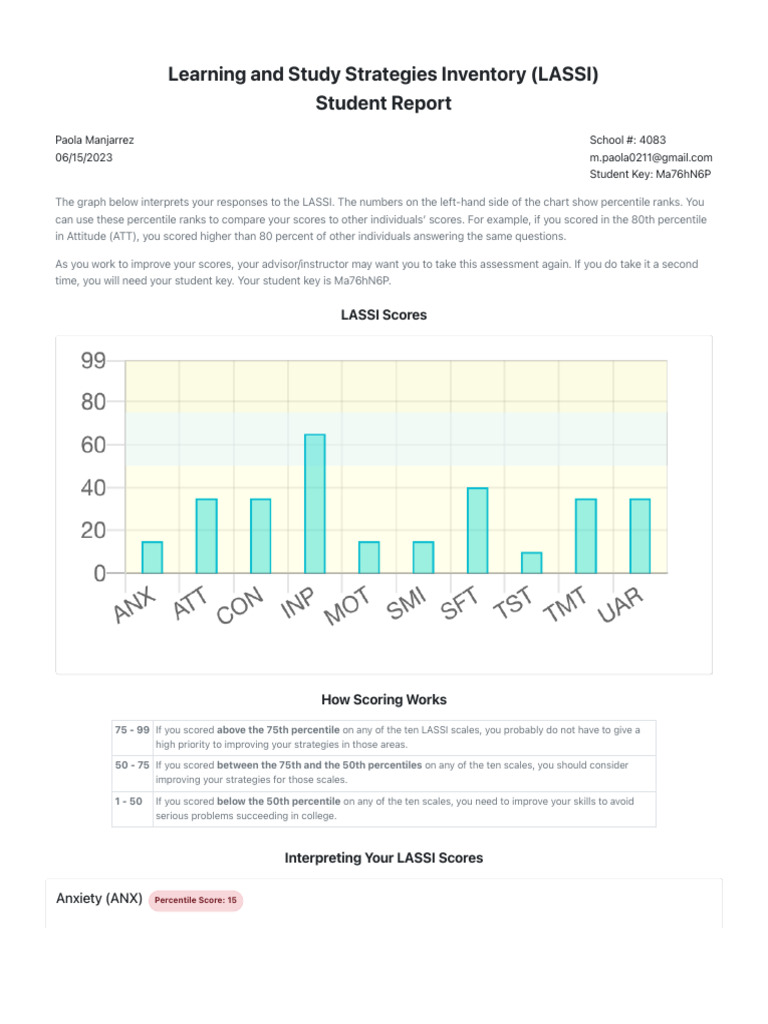 LASSI Student Report and Analysis | PDF | Percentile | Knowledge