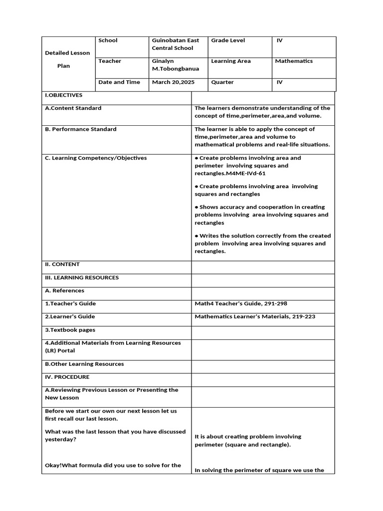 Grade IV Math Lesson Plan: Area & Perimeter | PDF | Area | Length