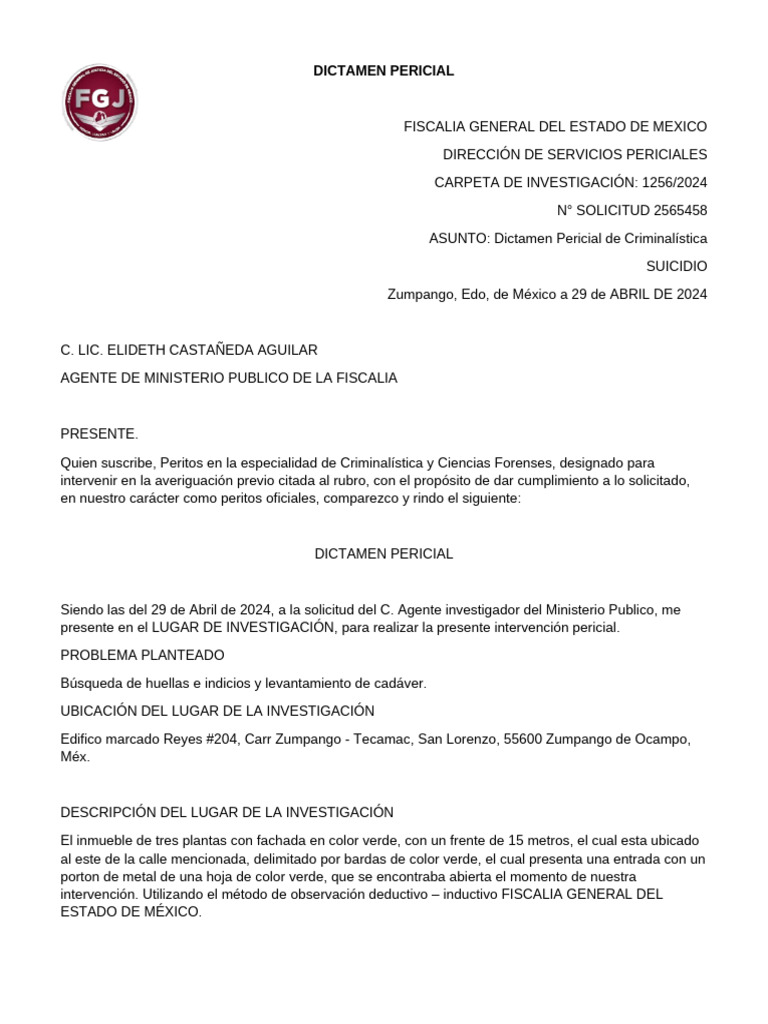 Dictamen Pericial: Suicidio en Zumpango | PDF | Ciencia forense