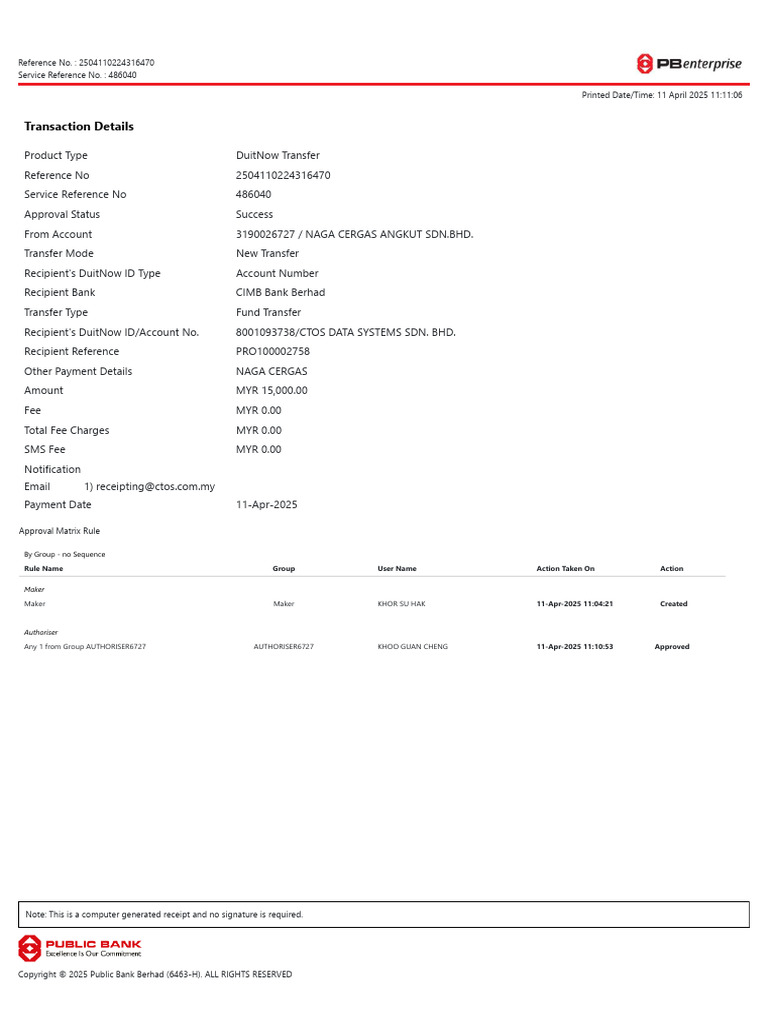 DuitNow Transfer Transaction Receipt | PDF