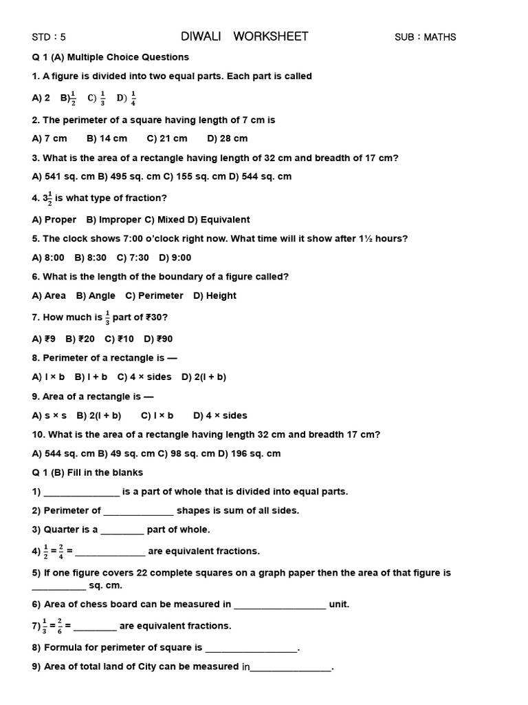 Diwali Homework STD-5 (MATHS) | PDF | Area | Length