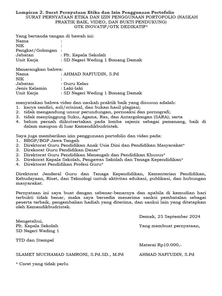 Contoh SP Etika Izin Portofolio | PDF