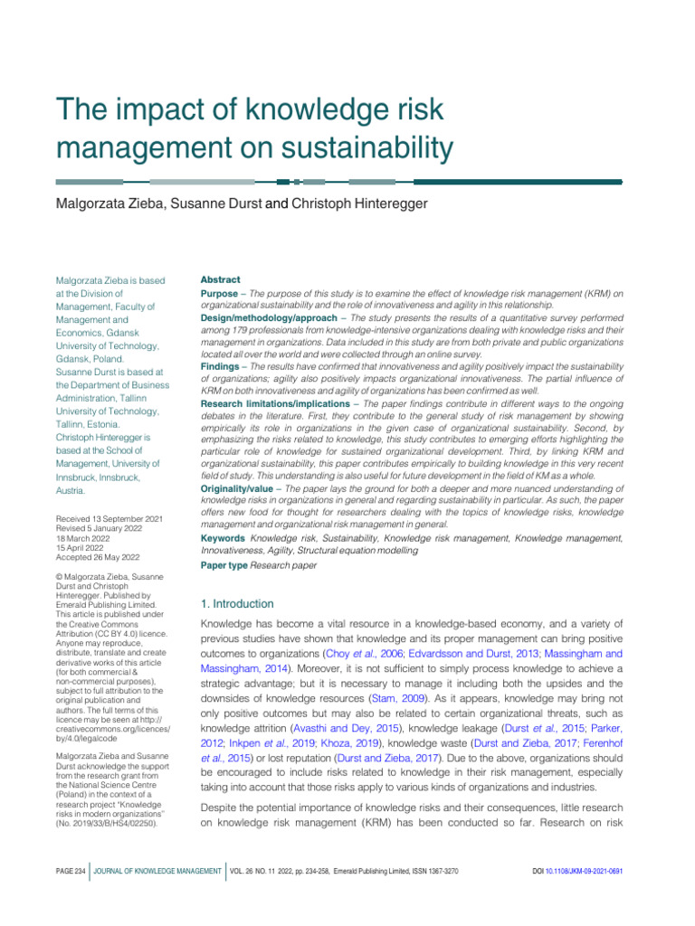 Article 2 Impact of Knowledge Risk Management On Sustainability | PDF ...