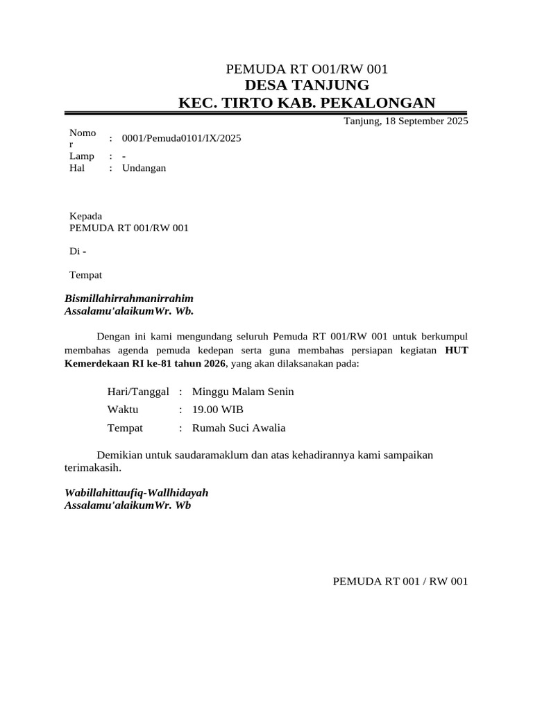 Undangan Rapat Pemuda RT 001/RW 001 | PDF