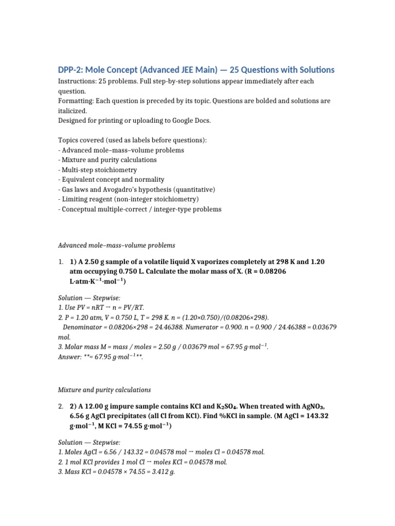 Advanced Mole Concept Questions & Solutions | PDF | Mole (Unit ...