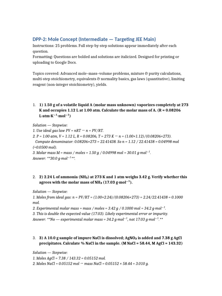 DPP-2 Mole Concept Intermediate JEEMain FullStyled | PDF | Mole (Unit) | Gases