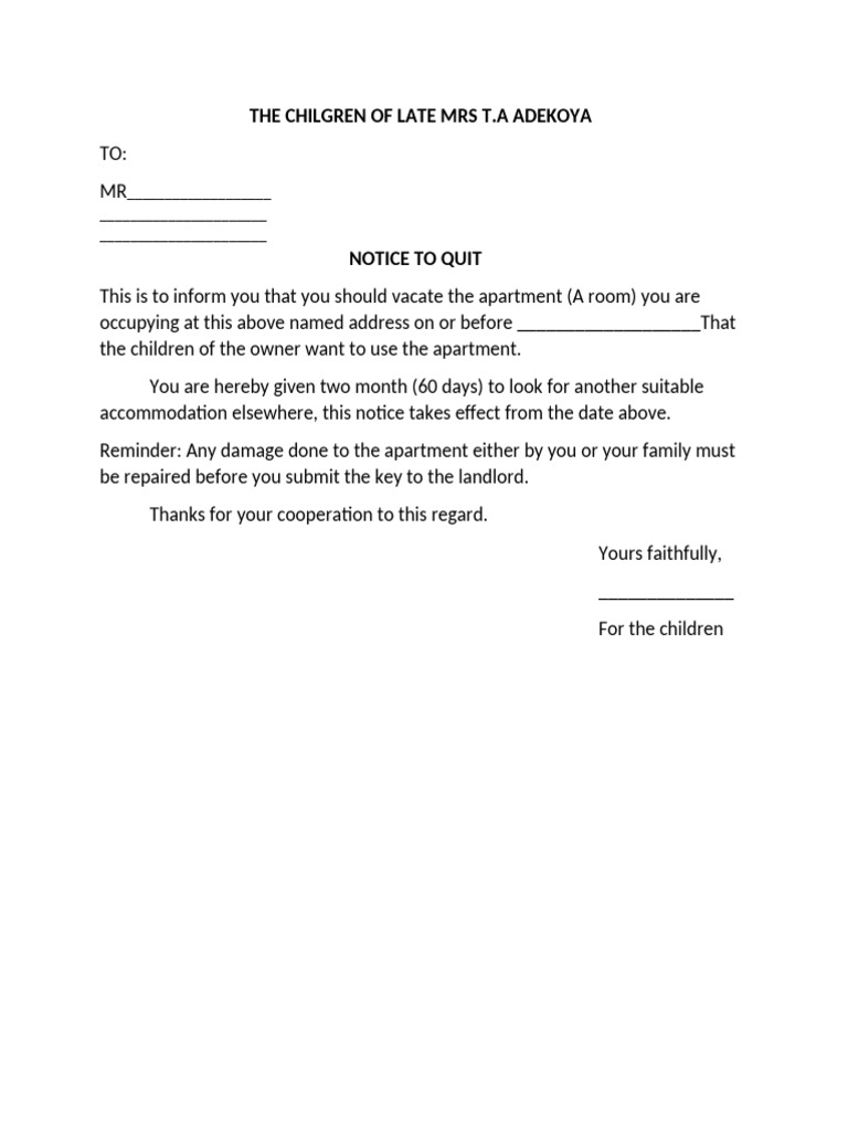 Notice to Vacate Apartment Letter | PDF