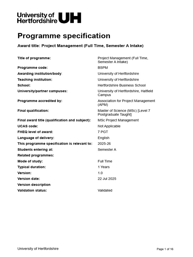 2025 Curriculum Programme Specification MSC Project Management - Full Time Sem A v1 39993 | PDF ...