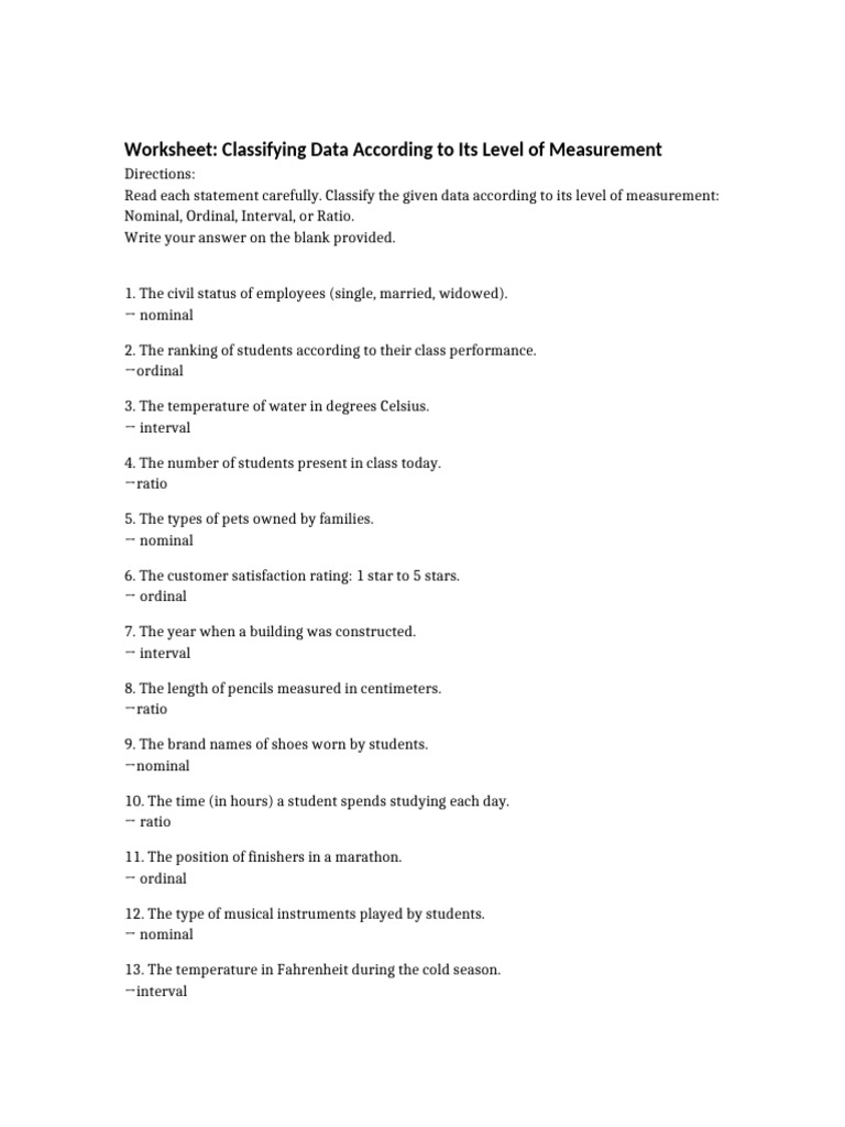 Data Measurement Classification Worksheet | PDF