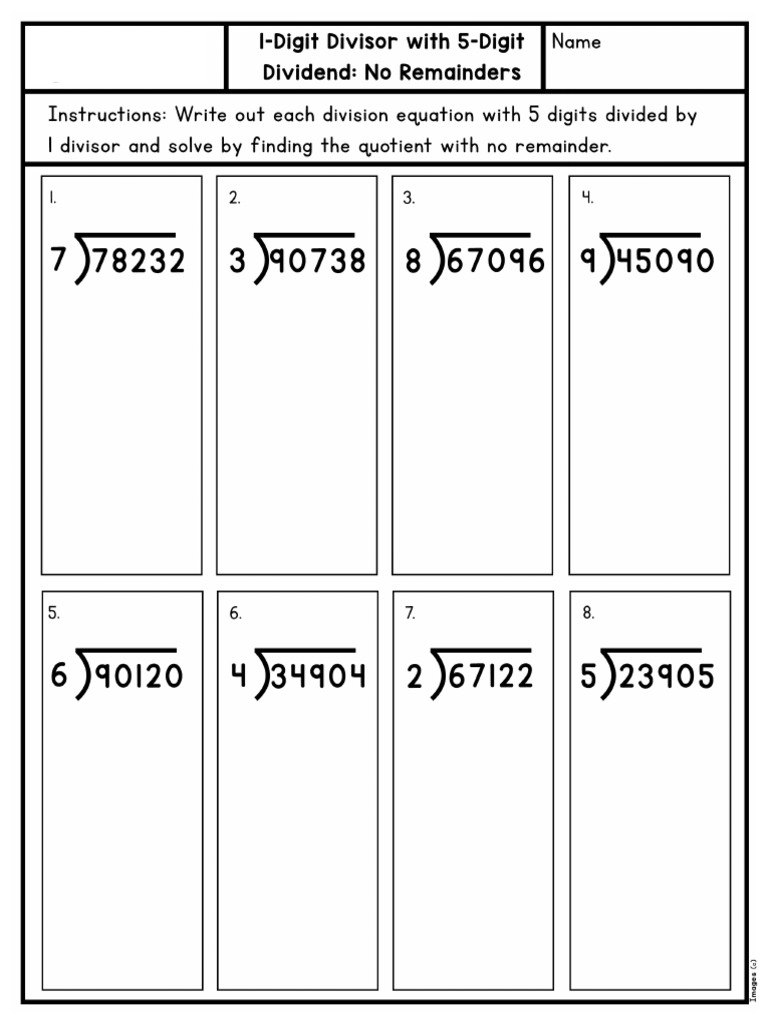 Long Division 5 Digit 5 TH Grade Worksheet No Remainder | PDF
