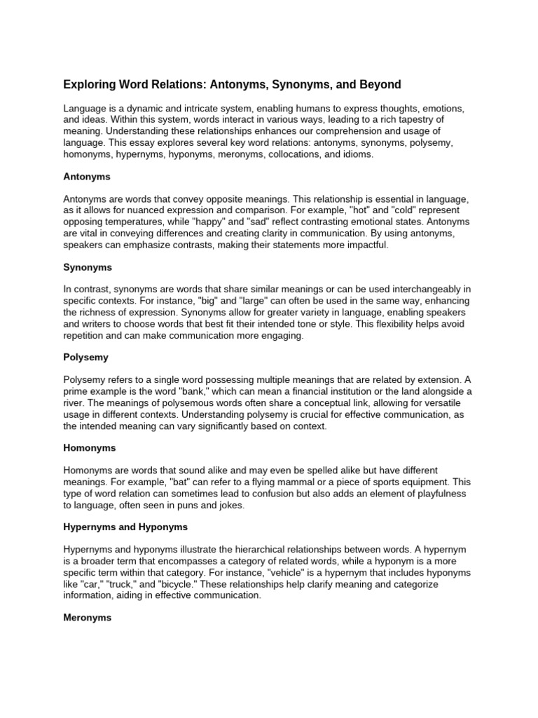Exploring Word Relations - Antonyms, Synonyms, and Beyond | PDF ...