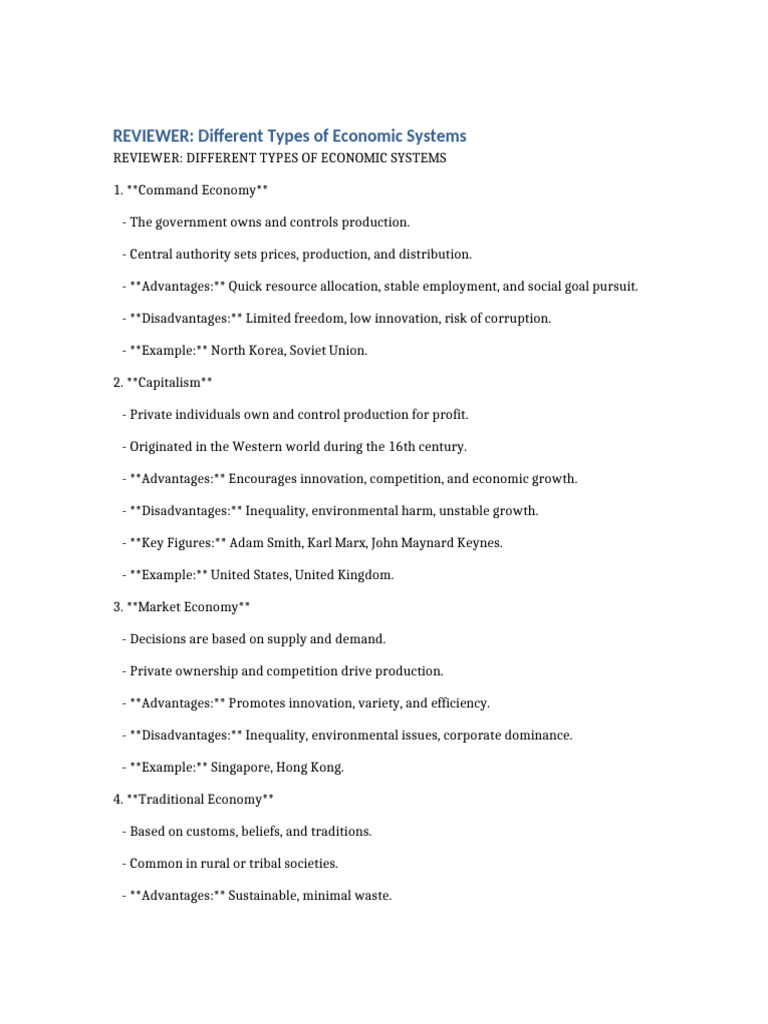 Different Types of Economic Systems Reviewer | PDF | Economic System ...