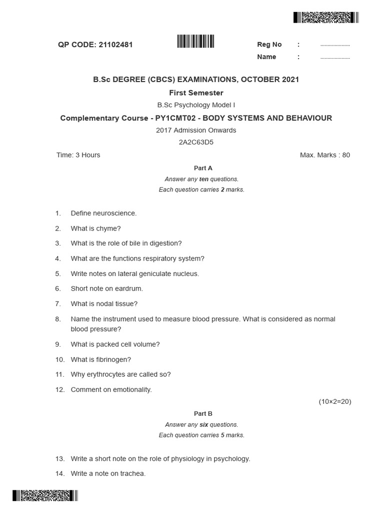 B.Sc Psychology Exam: Body Systems & Behavior | PDF | Anatomy