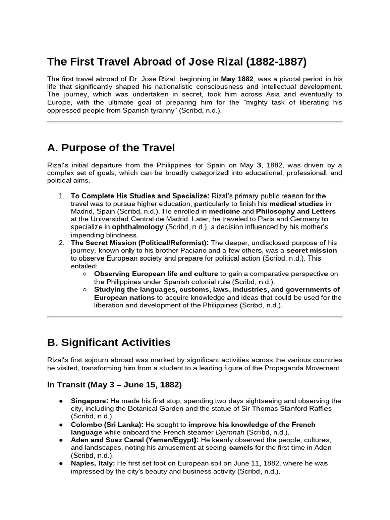 The First Travel Abroad of Jose Rizal (1882-1887) | PDF