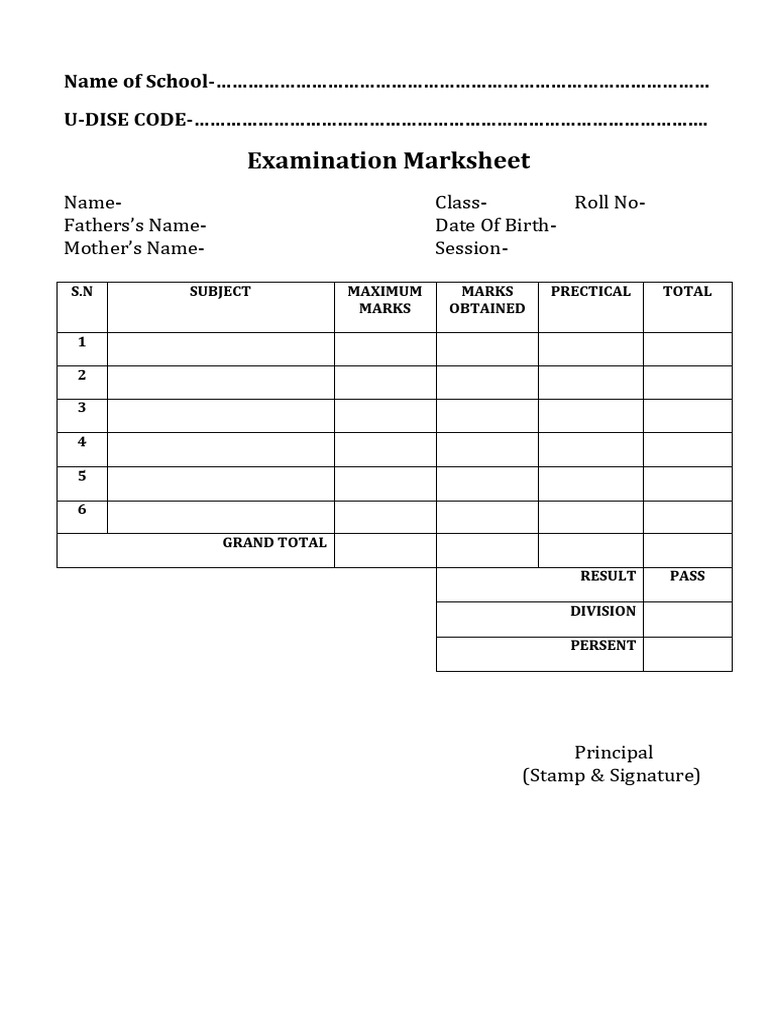 School Examination Marksheet Template | PDF