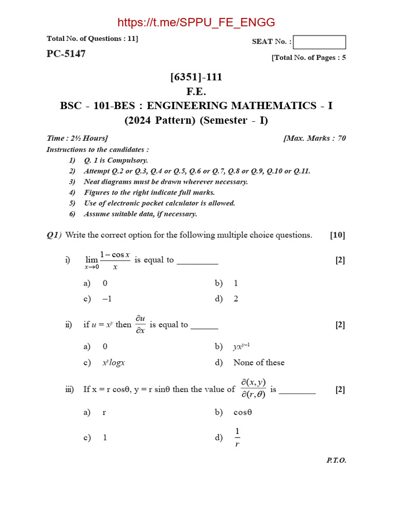 Engineering Mathematics I Exam Paper | PDF | Applied Mathematics ...