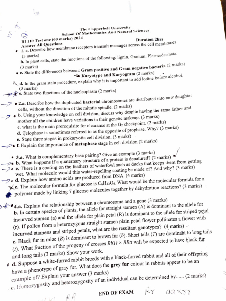 Bi110 Test One 2024 | PDF | Cell (Biology) | Dominance (Genetics)