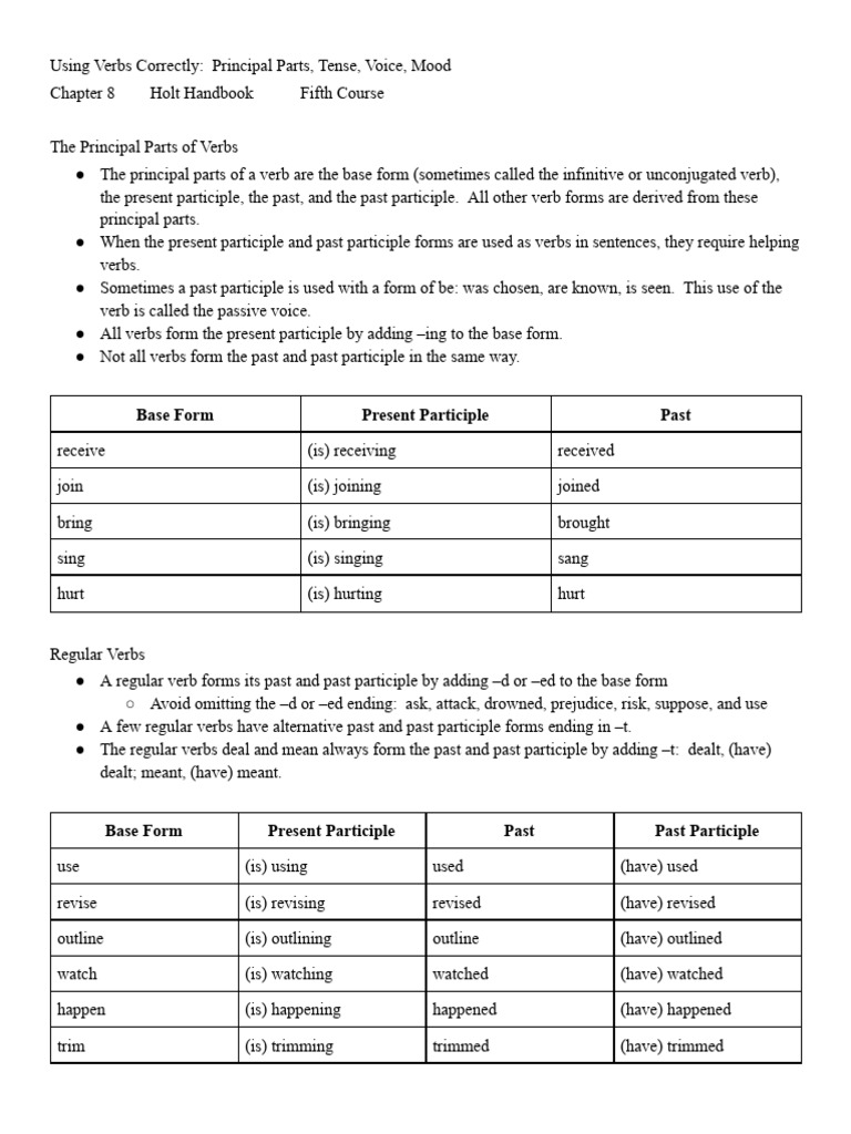 8 - Using Verbs Correctly - Principal Parts, Tense, Voice, Mood ...