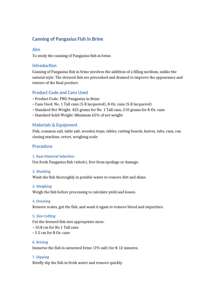 Canning Pangasius Fish in Brine Guide | PDF