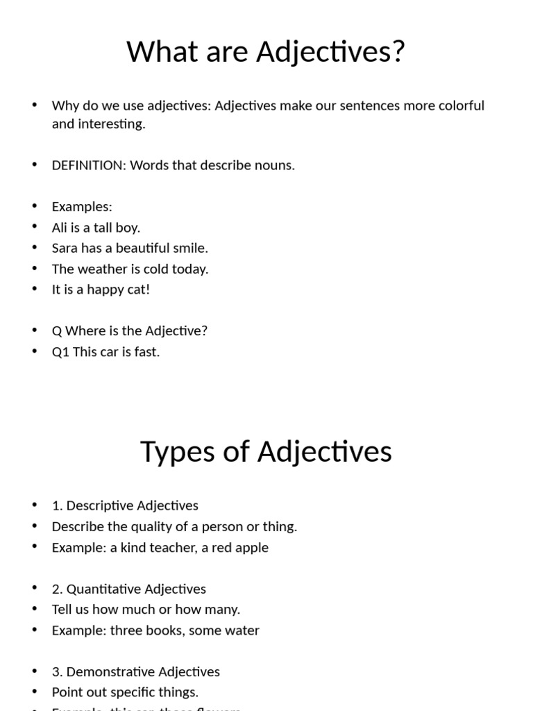 Understanding Adjectives: Types & Uses | PDF