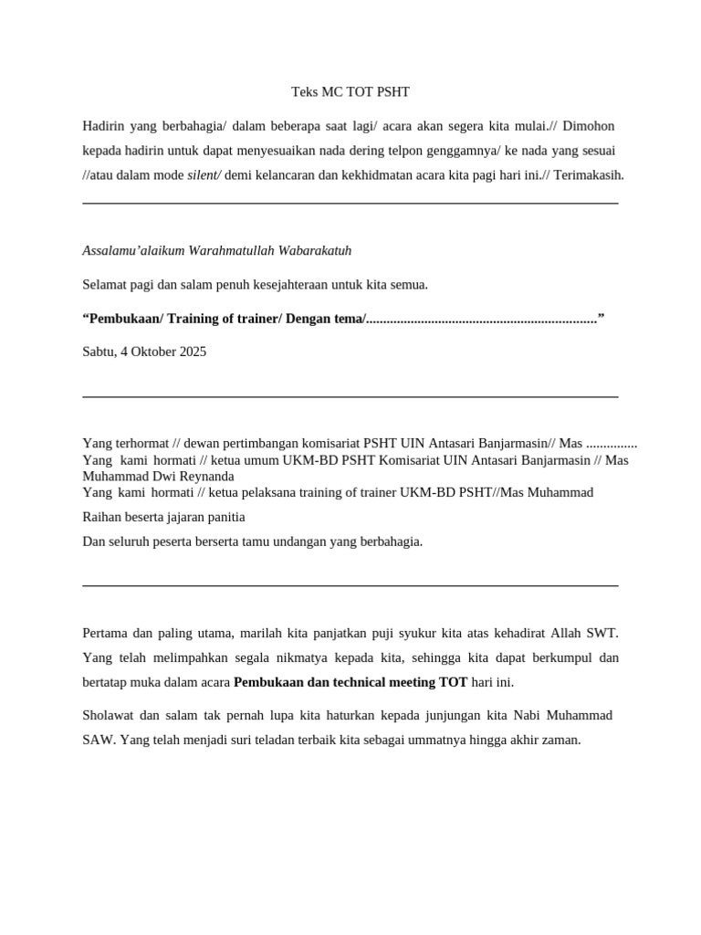 Teks MC Pembukaan TOT | PDF