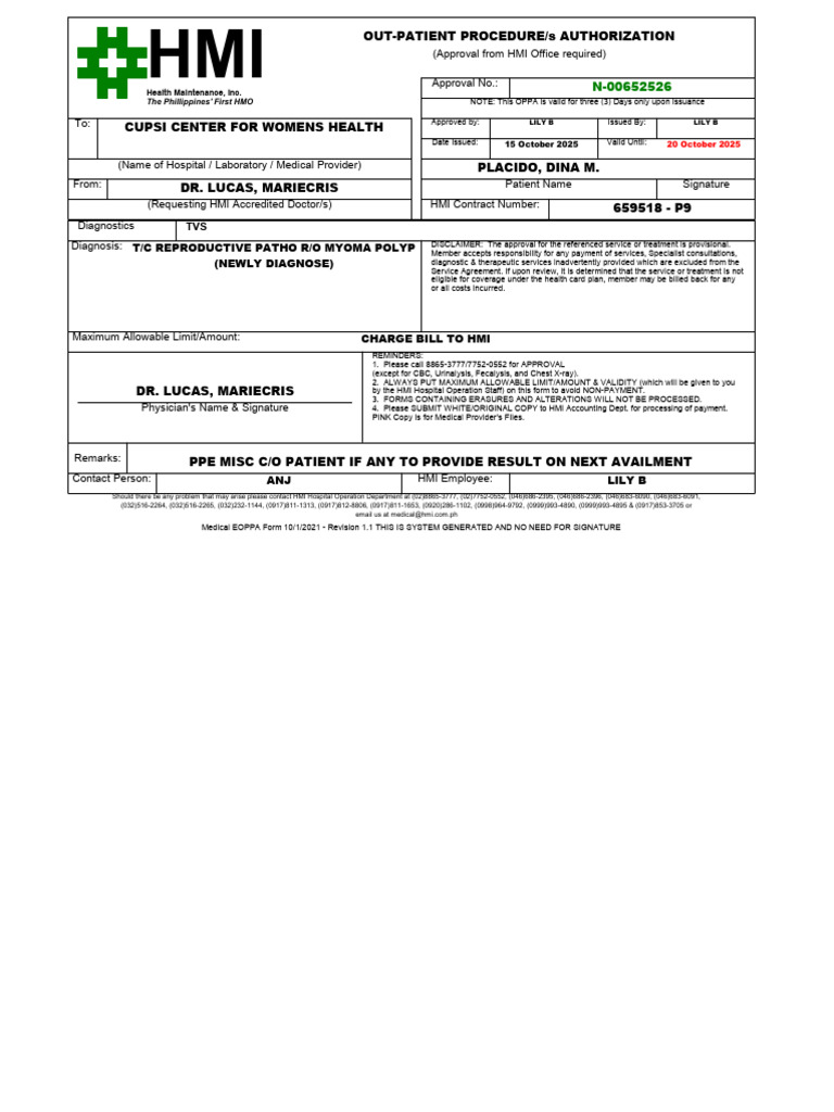 Out-Patient Procedure Authorization Form | PDF | Health Sciences ...