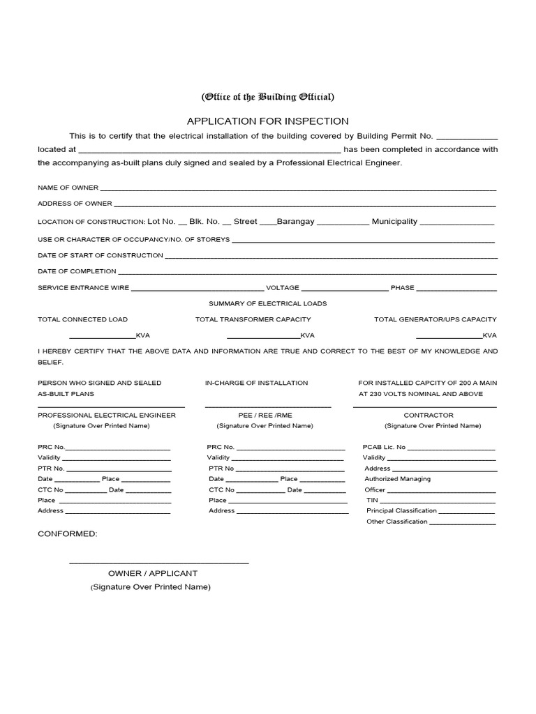 Electrical Inspection Application Form | PDF | Electromagnetism ...