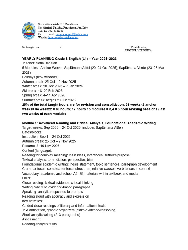 Grade 8 English Yearly Plan 2025-2026 | PDF | Narrative | Public Speaking
