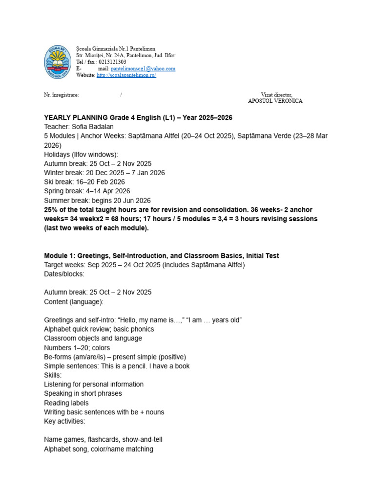 Grade 4 English Yearly Plan 2025-2026 | PDF | Syntax | Human Communication