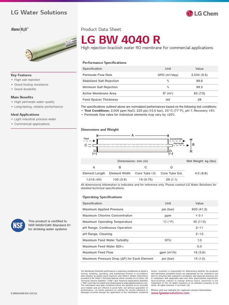 Data Sheet LG BW 4040 R | PDF | Membrane | Sodium Chloride