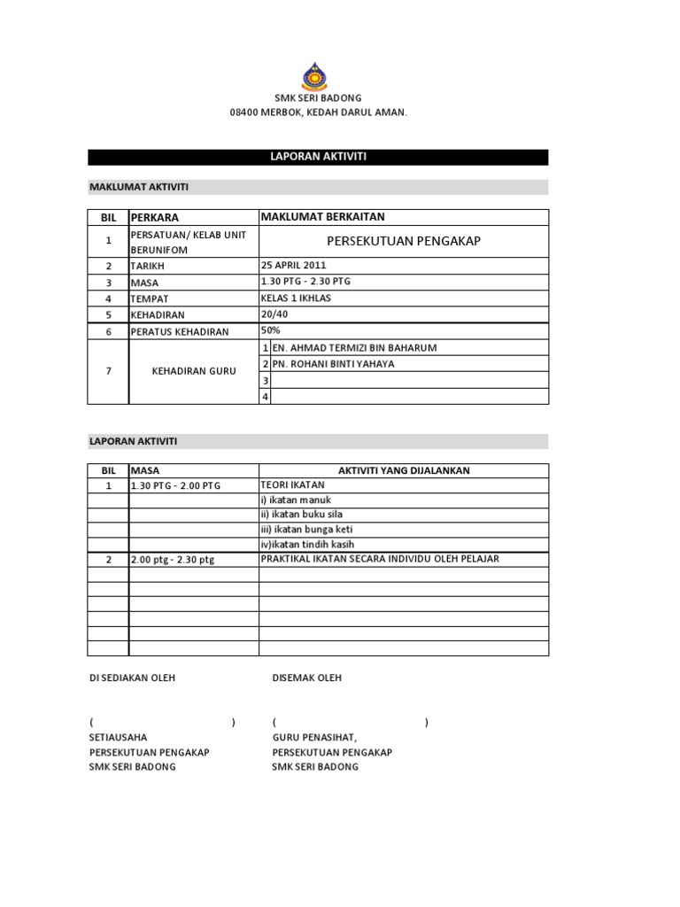 Borang Laporan Aktiviti Kokurikulum | PDF